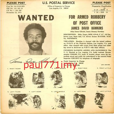 ORIGINAL USPS WANTED POSTER JAMES DAVID HAWKINS '73 ARMED ROBBERY ...