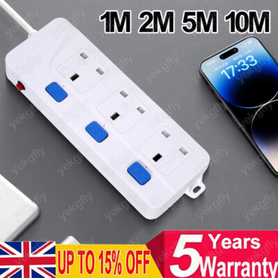 3 Way Mains Extension Gang Socket Power Lead 1/2/5/10M Metre Cable 13A ...