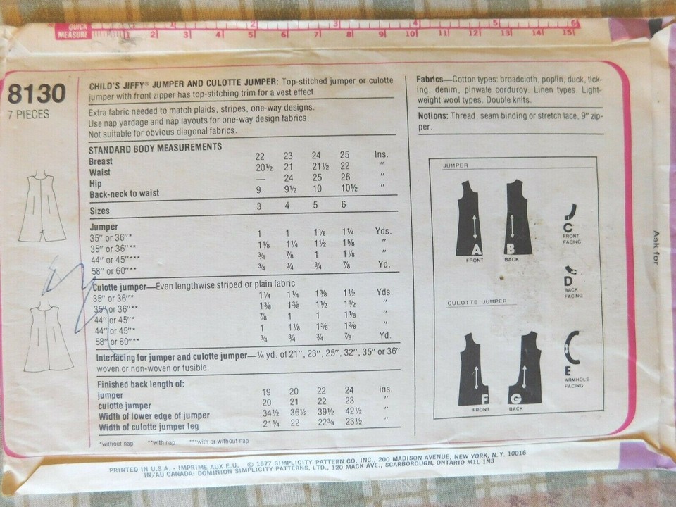 Simplicity 8130 Pattern, girl's Size 6 Jumper & culotte jumper UC ...