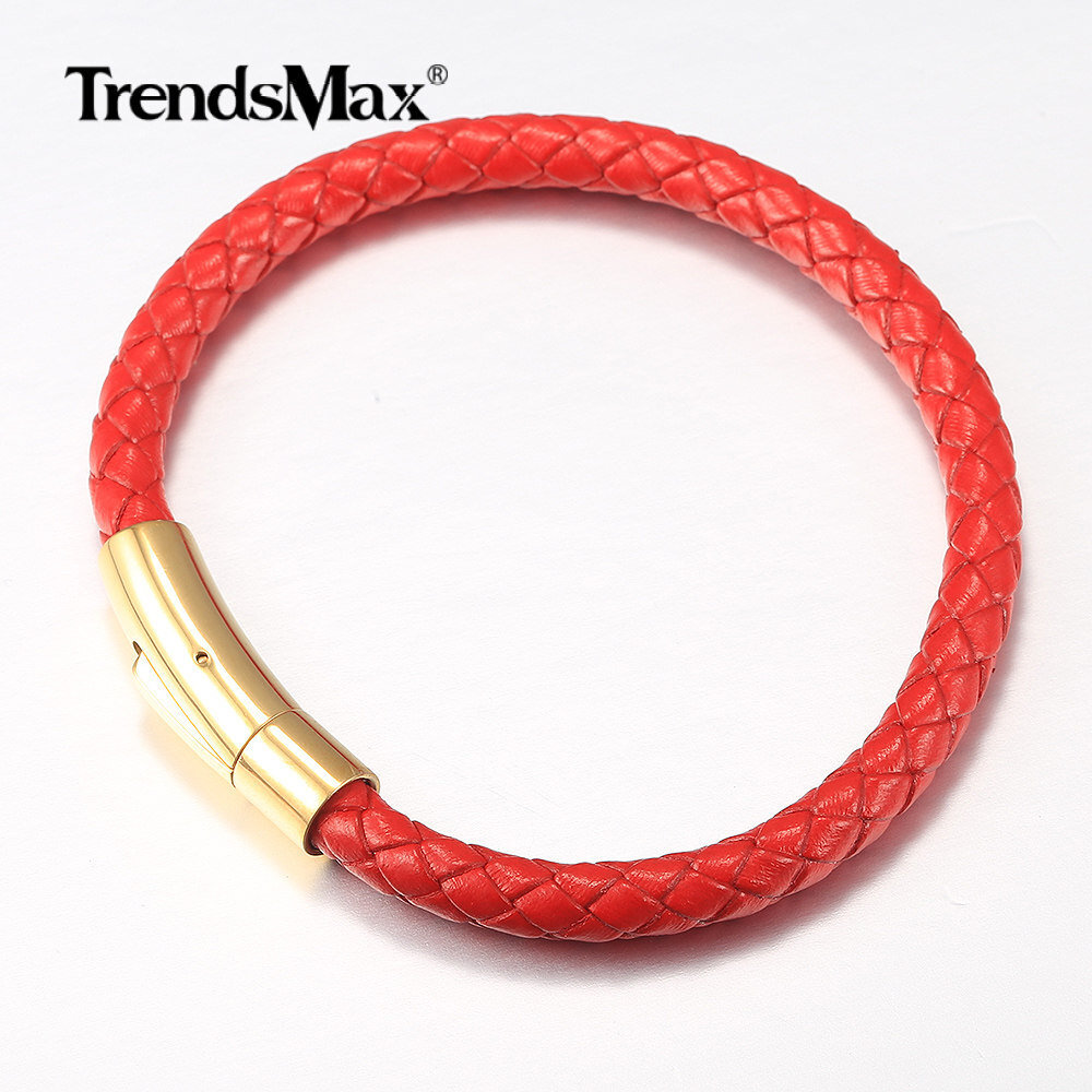 6mm For Men Women Braided Leather Rope Bracelet Stainless Steel Gold ...