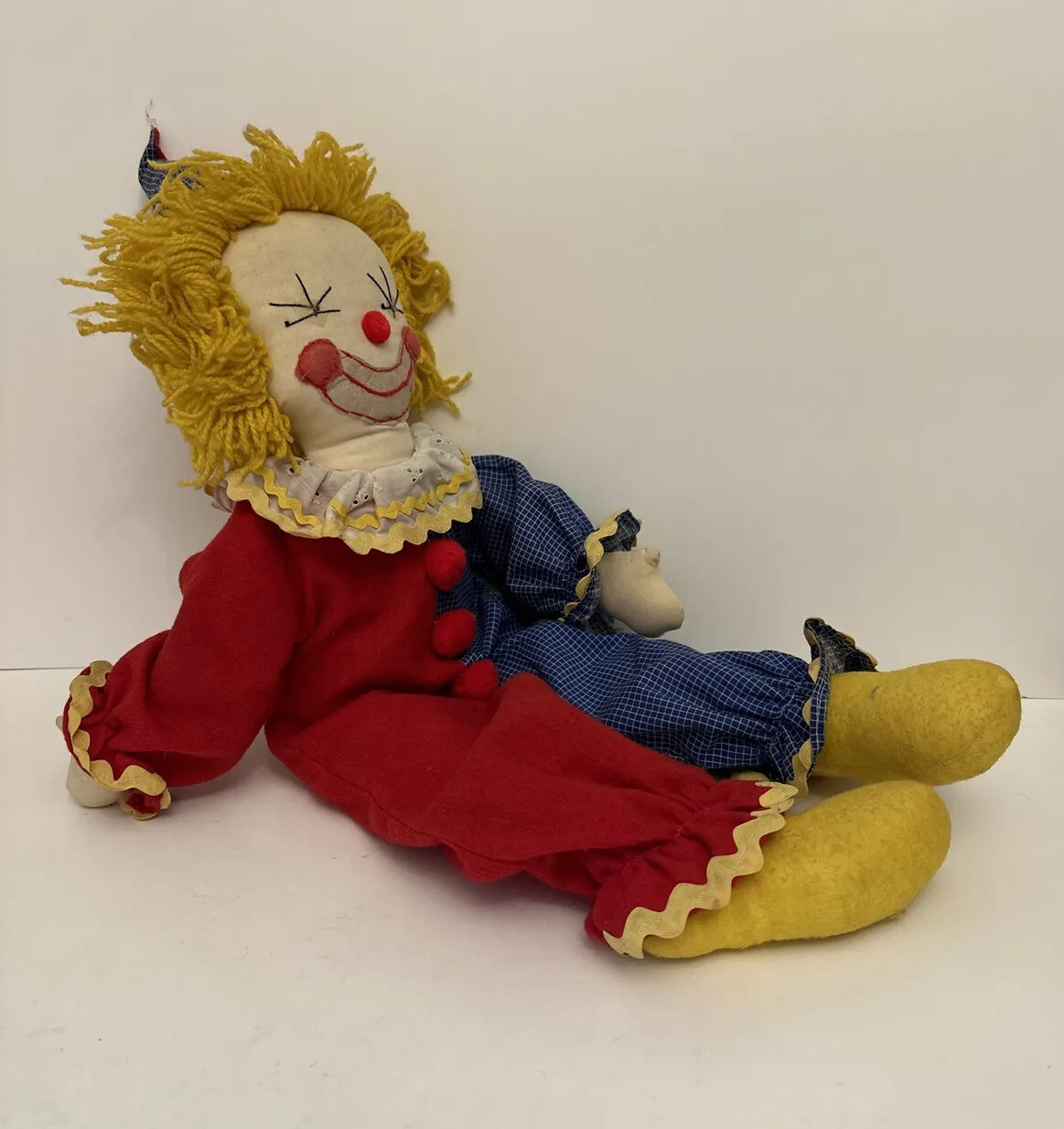 Vintage Rare Folk Art Handmade Cloth Clown Doll Red Poms Raggedy Andy ...