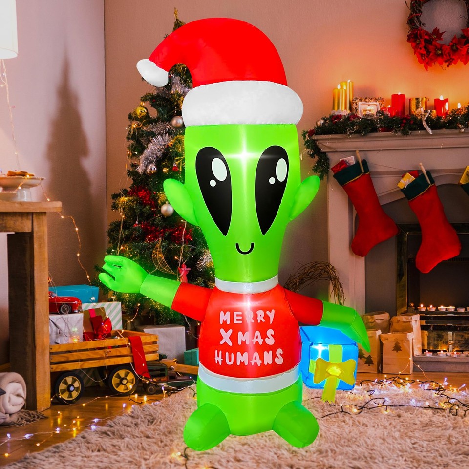 4 FT Christmas Inflatables Alien with Gift Box Decorations LED Lighted ...