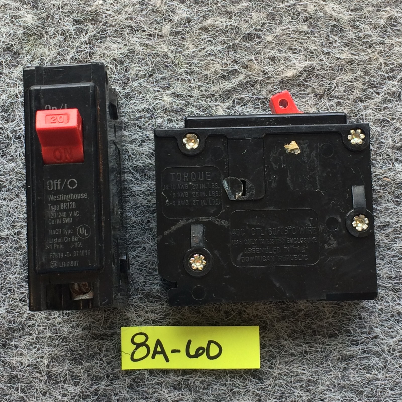 LOT OF 2 Westinghouse Bryant BR BR120 1 POLE 20 AMP CIRCUIT BREAKER RED ...