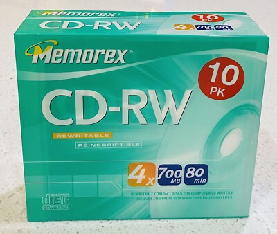 Memorex CD-RW 10 Pk Rewritable Compact Discs 4x 700MB 80 MI, NEW SEALED ...