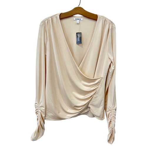 Express Cinched Faux Wrap Blouse Women M Cream Crossover Neutral Minimalist NEW | eBay