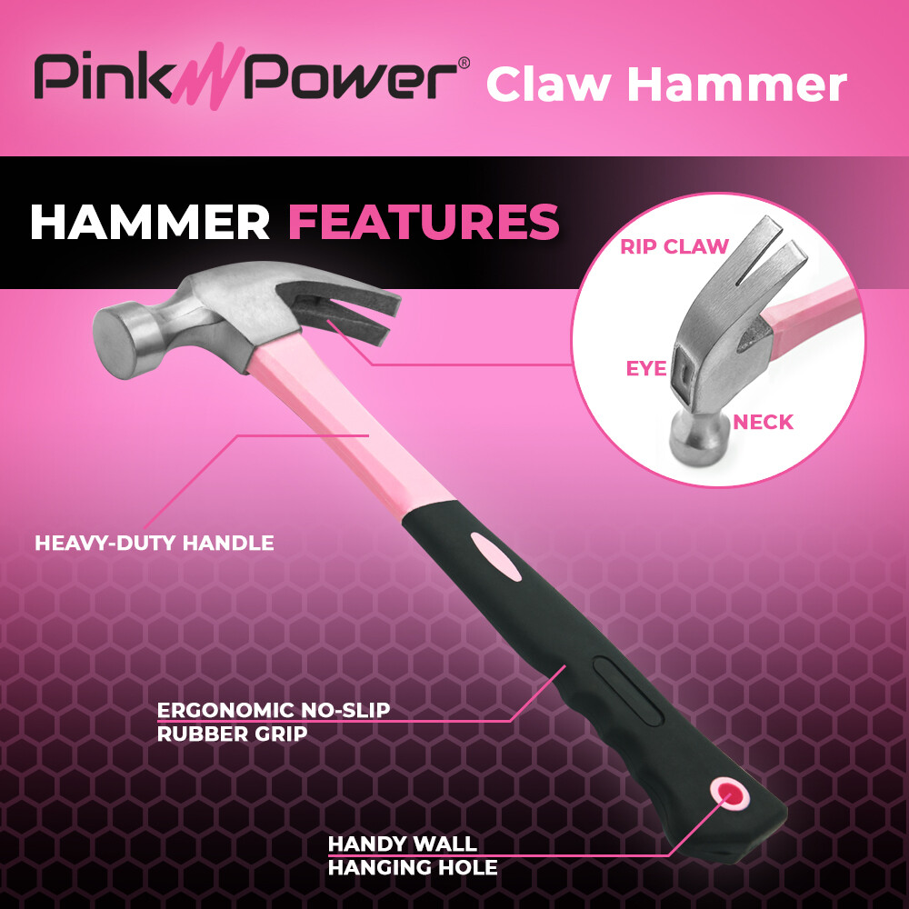 Framing Hammer FASTPRO Pink Hammer, Fiberglass Curved Claw Hammer With ...