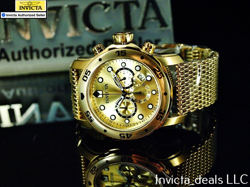Invicta Men's 48mm PRO DIVER Scuba Chronograph GOLD DIAL Gold Tone Mesh ...