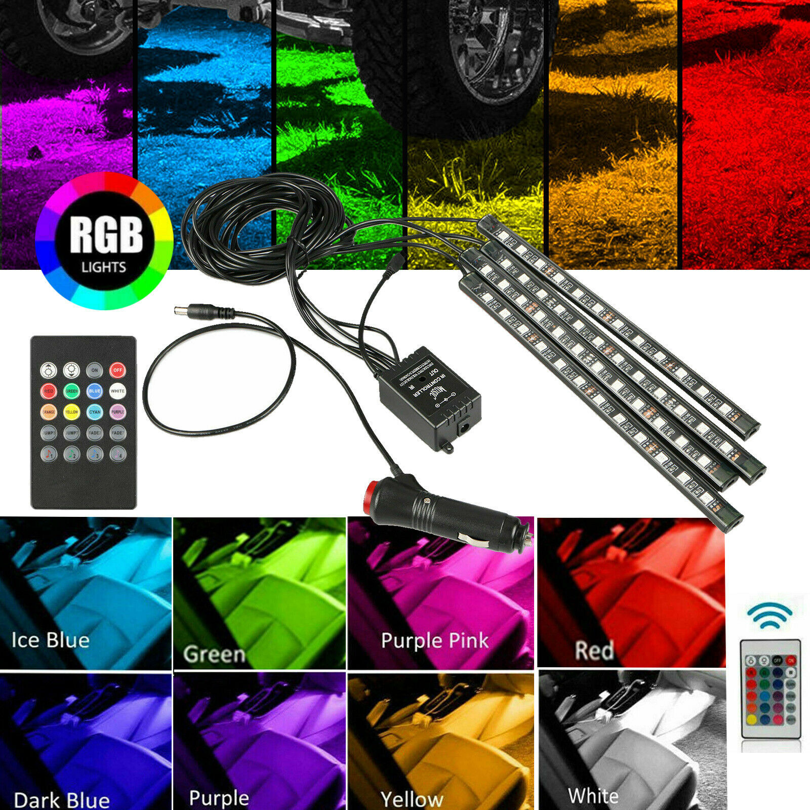 48 LED RGB Under Car Tube Glow Underglow Underbody System Neon Strip ...