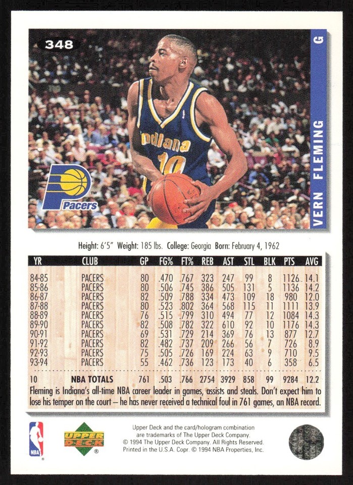 1994-95 Collector's Choice Silver Signature Vern Fleming #348 Indiana ...