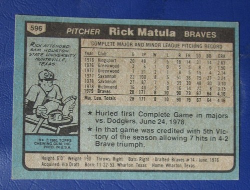 1980 Topps Rick Matula (Atlanta Braves) #596 NRMT | eBay
