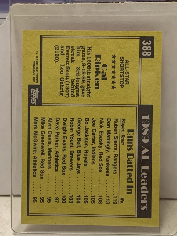 1990 Topps Baseball Cal Ripken Card #388 Baltimore Orioles All Star MVP ...