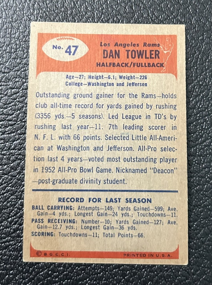Deacon” Dan Towler Signed Autographed 1955 Bowman Card #47 Los Angeles ...