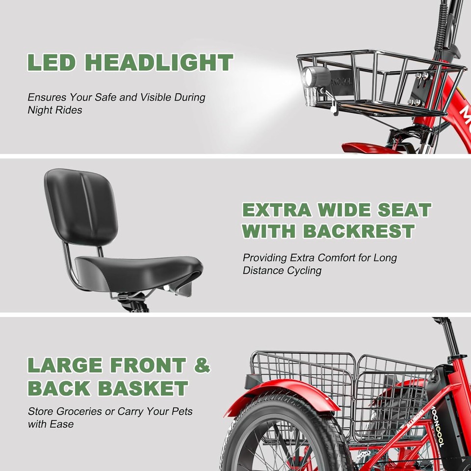 MOONCOOL Electric Trike Adults 3 Wheels Electric Bicycle 20" Fat Tire ...