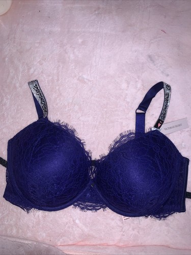 Victoria's Secret Bombshell Add 2 Cups Rhinestone Straps Bra (Navy ...