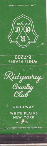 Ridgeway Golf Country Club White Plains New York Matchbook Cover 1950's ...