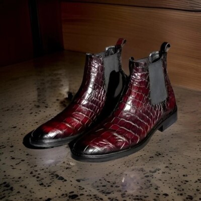 Men's Handmade Burgundy Chelsea Crocodile Text Leather Ankle Dress ...