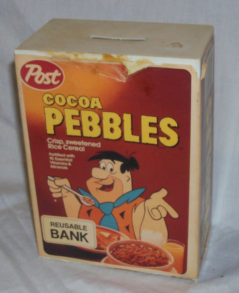 1980s COCOA PEBBLES CEREAL BOX PLASTIC BANK Flintstones Premium HANNA ...