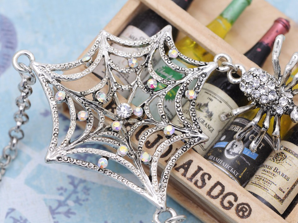Tone AB Crystal Rhinestones Spider Web Silver Chains Necklace Halloween ...