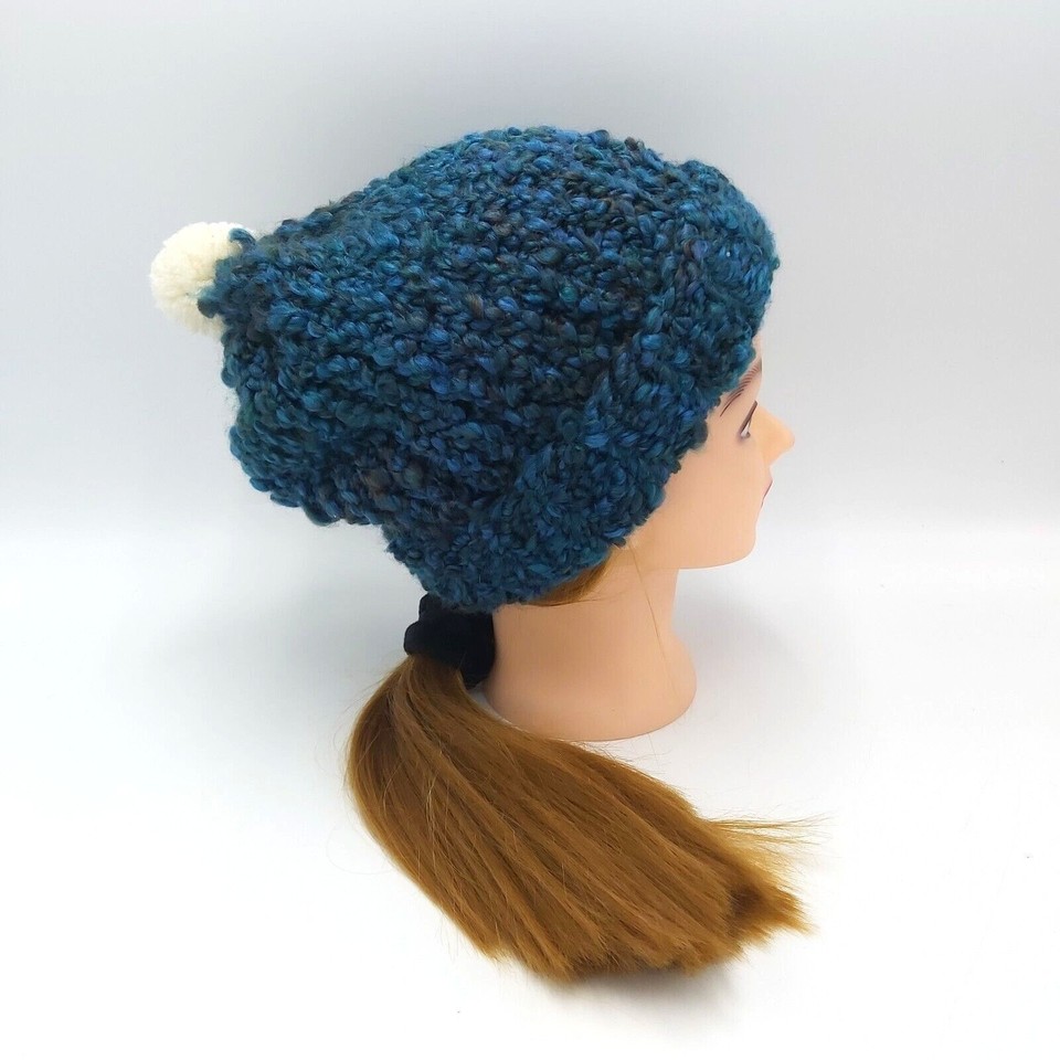 Chunky Beanie Slouch Hat Toque Cream Pompom M-L Teal Blue Handmade Loom ...