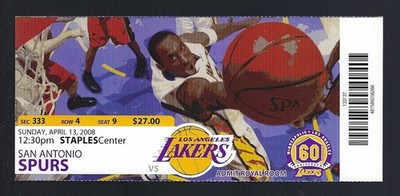 2008 KOBE BRYANT 20 points SPURS @ LAKERS FULL NBA BASKETBALL TICKET ...