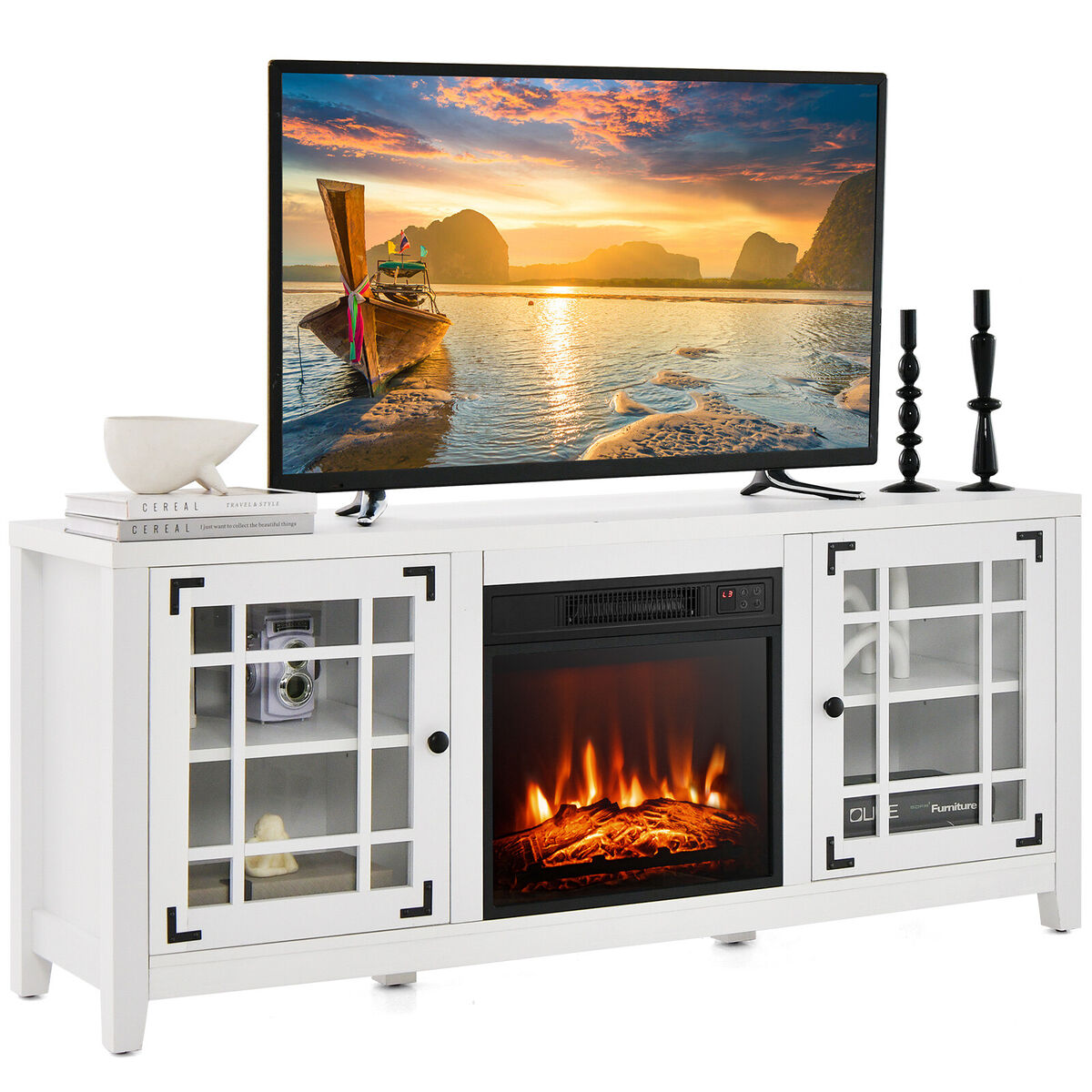 58 Fireplace TV Stand w 1400W Electric Fireplace Heater for TV up to 65 White eBay