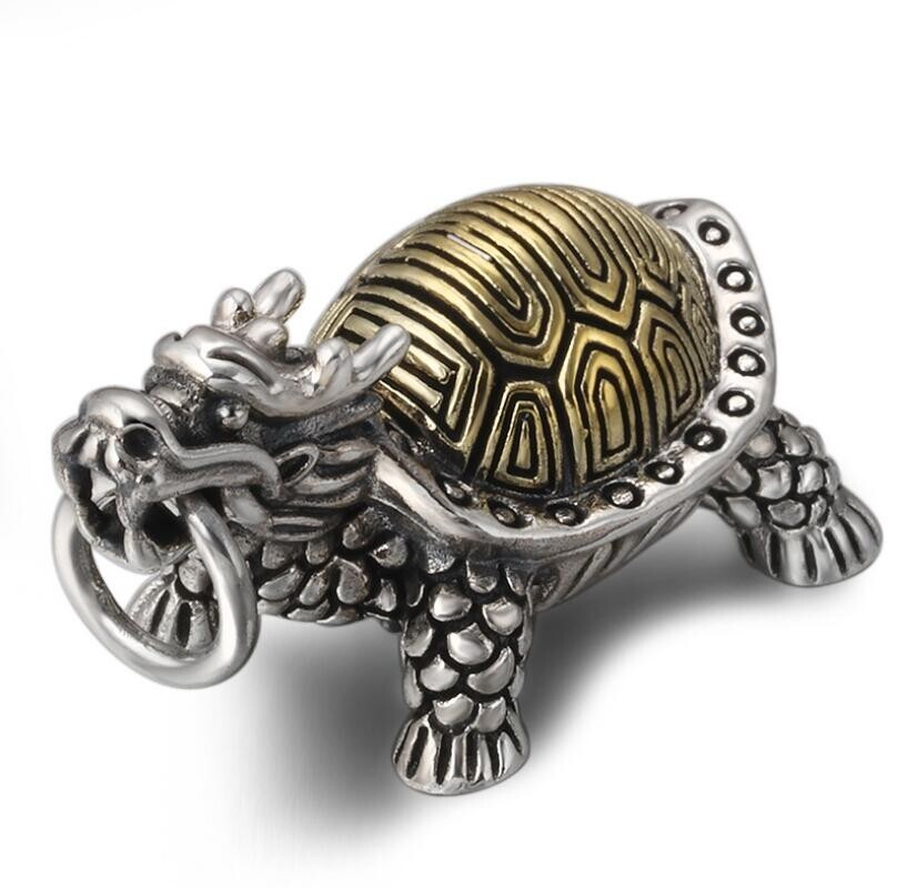 Dragon Turtle .925 Sterling Silver Gold Ornate Chinese Deity Pendant ...