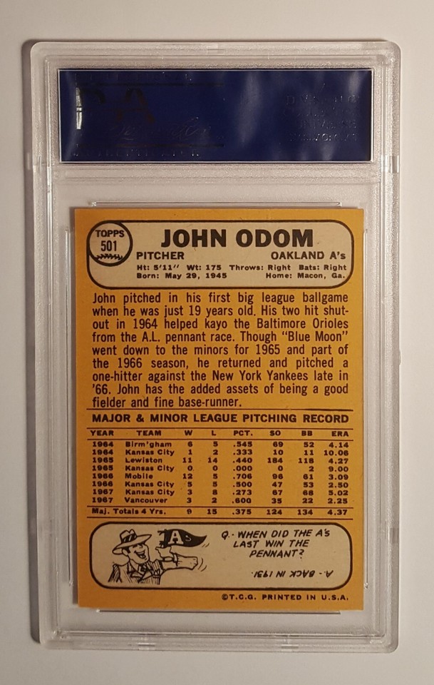 1968 Topps #501 John Johnny Blue Moon Odom PSA 8 NM-MT Oakland ...