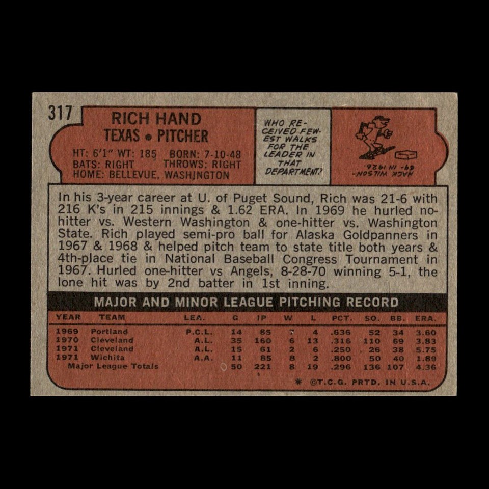 Rich Hand 1972 Topps Texas Rangers #317 Nice Vintage! | eBay