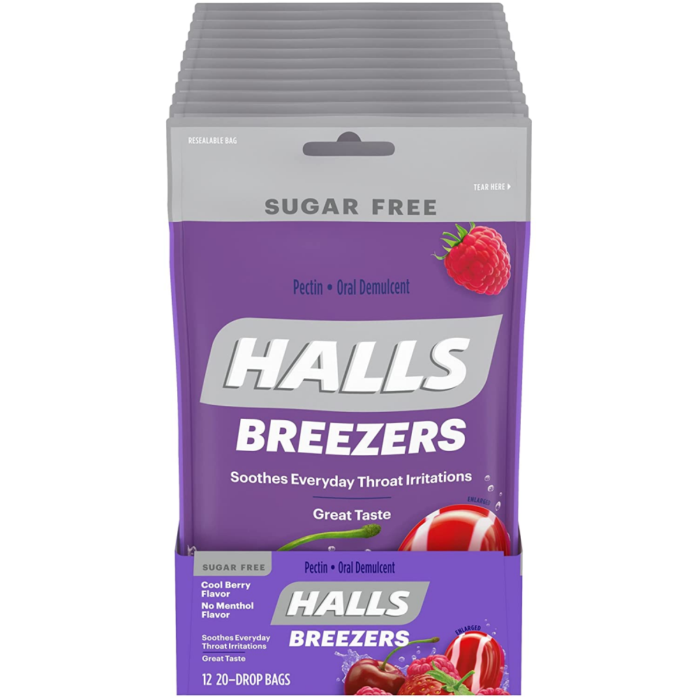 HALLS Breezers Cool Berry Sugar Throat Drops 240 (12 Bags of 20 Drops ...