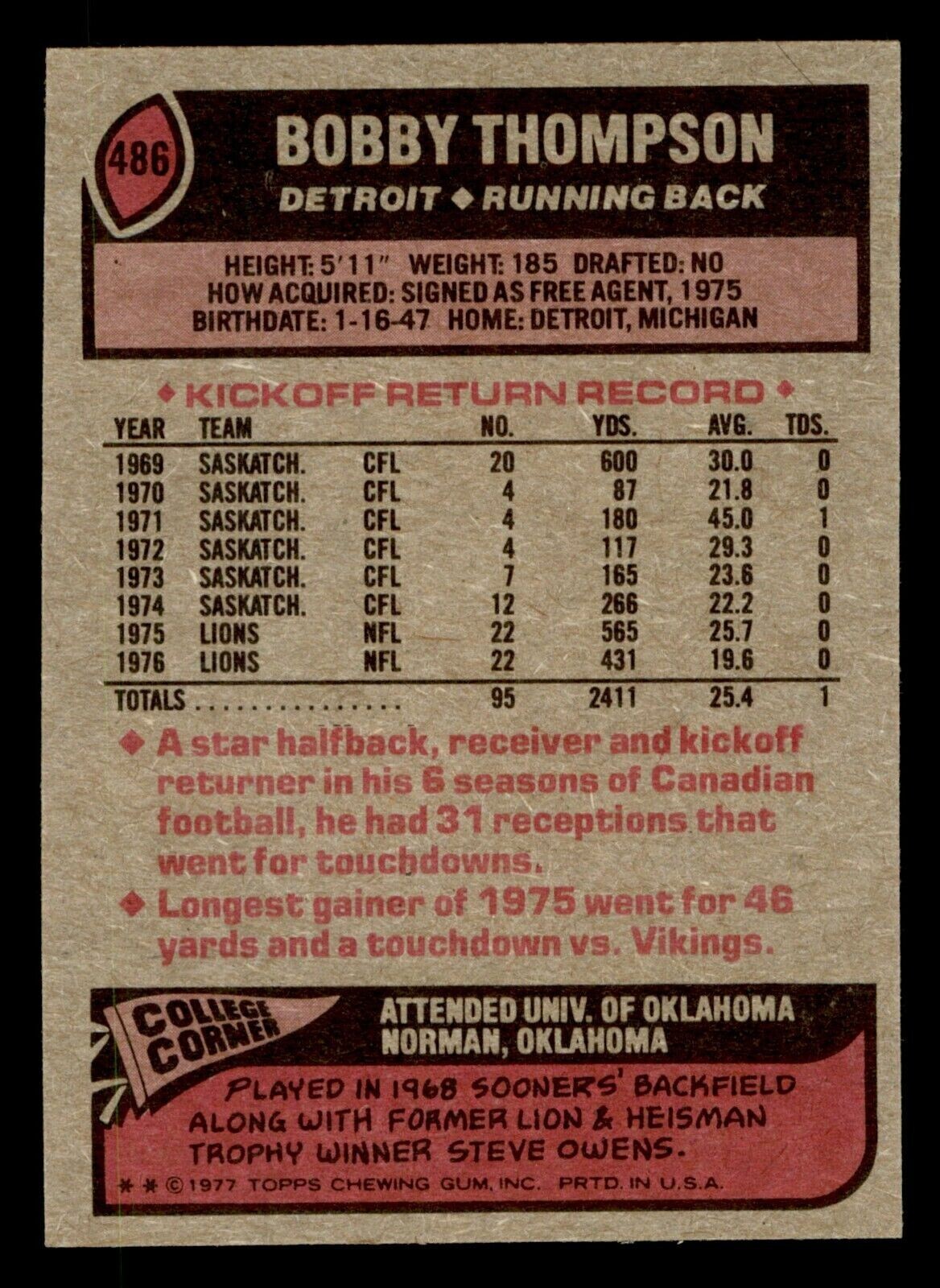 1977 TOPPS Football Vintage Trading Card #486 🏈 BOBBY THOMPSON, Detroit ...