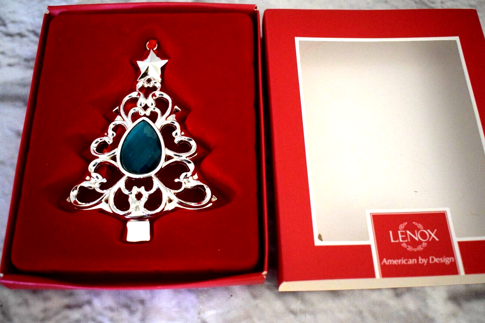 LENOX Green Gemmed Tree Christmas Ornament Silver Tone in Original Box ...