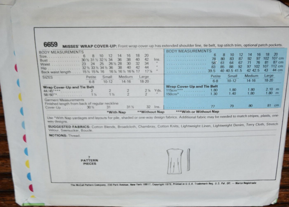 McCall's 6659 Pattern Wrap Cover Up Casual Beach Sz Petite 6-8 Uncut ...