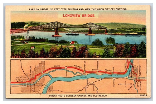Dual View Longview Bridge w Map Longview Washington WA UNP DB Postcard ...