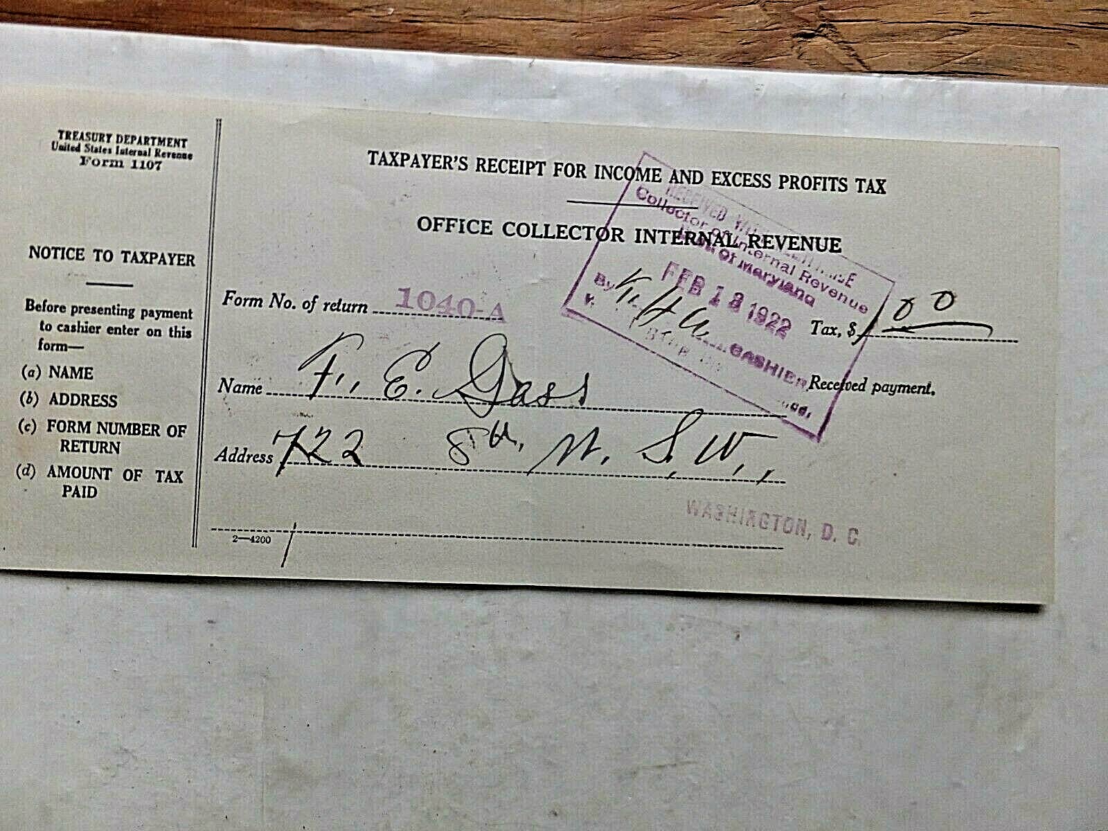 1922 IRS Taxpayers Receipt for Income and Excess Profits Tax. Treasury ...