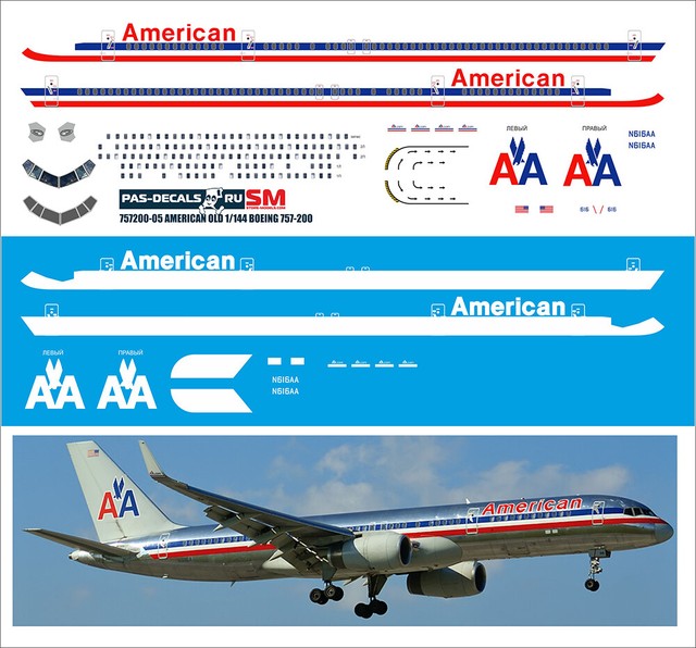 757200-05 PAS-DECALS BOEING 757-200 AMERICAN OLD LASER DECAL 1/144 NEW ...