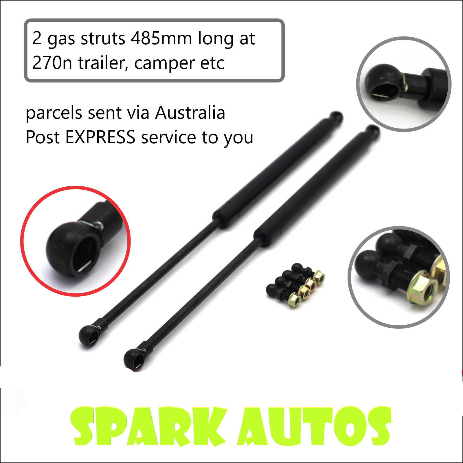 qty(2) Gas Struts 485mm long x 270N Caravan Camper Trailer Tradesmen ...