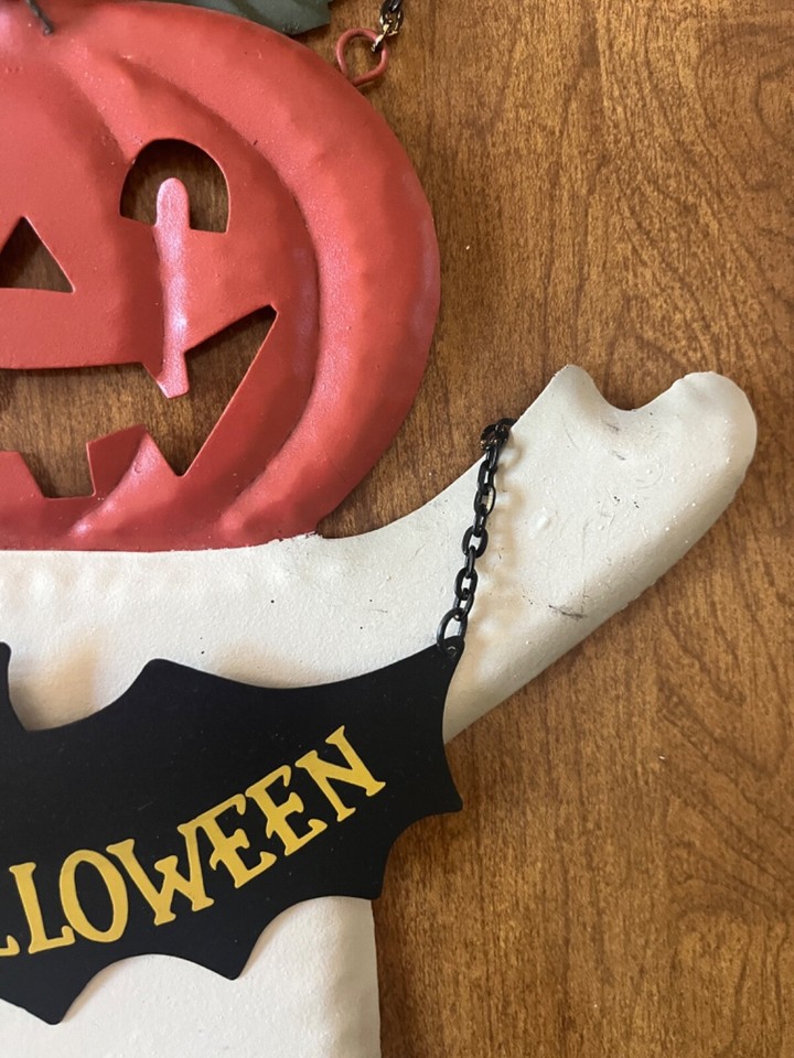 Halloween Pumpkin Ghost Bat Metal Hanging Door Sign Decor 12" White ...