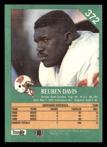 Reuben Davis 1991 Fleer #372 Tampa Bay Buccaneers FOOTBALL *074 | eBay