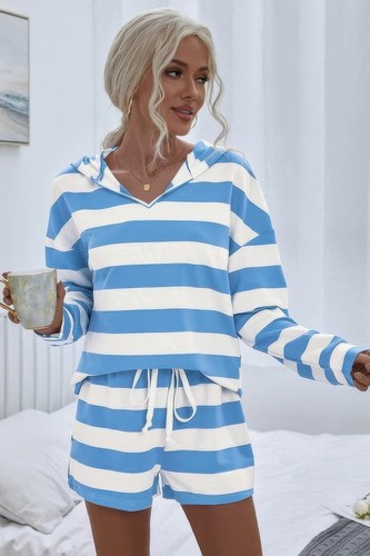 Two Pieces Striped Pajama Oversized Long Sleeves Set Blue / XL | eBay