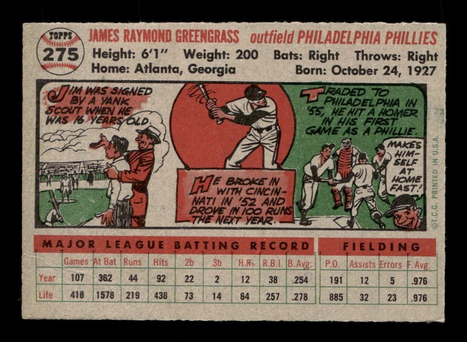 1956 Topps #275 Jim Greengrass Gray Back VG-EX+ Baseball Card | eBay