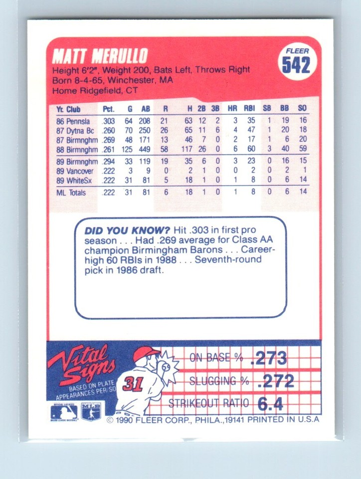 1990 Fleer Staight from the pack!!! Matt Merullo Rookie Chicago White ...