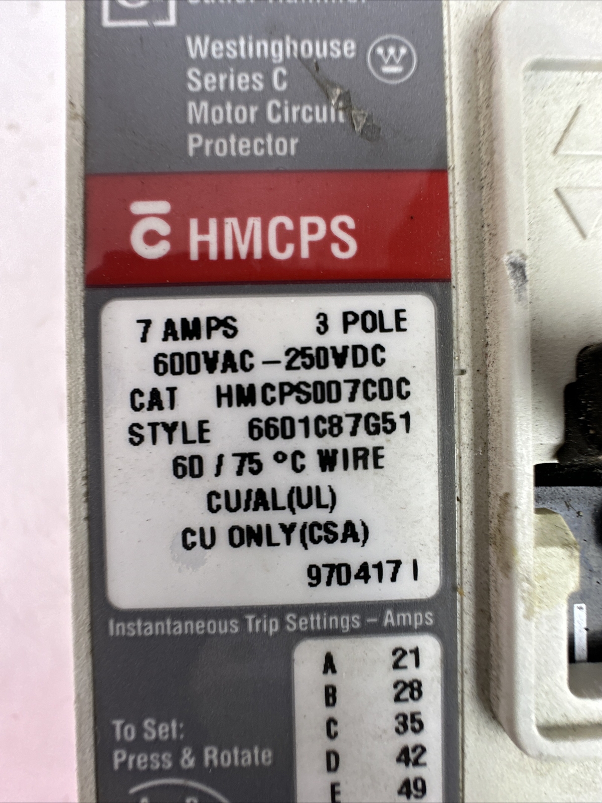 CUTLER HAMMER HMCPS007C0C SER C 3P 7AMP 600VAC 250VDC 6601C87G51 MOTOR ...
