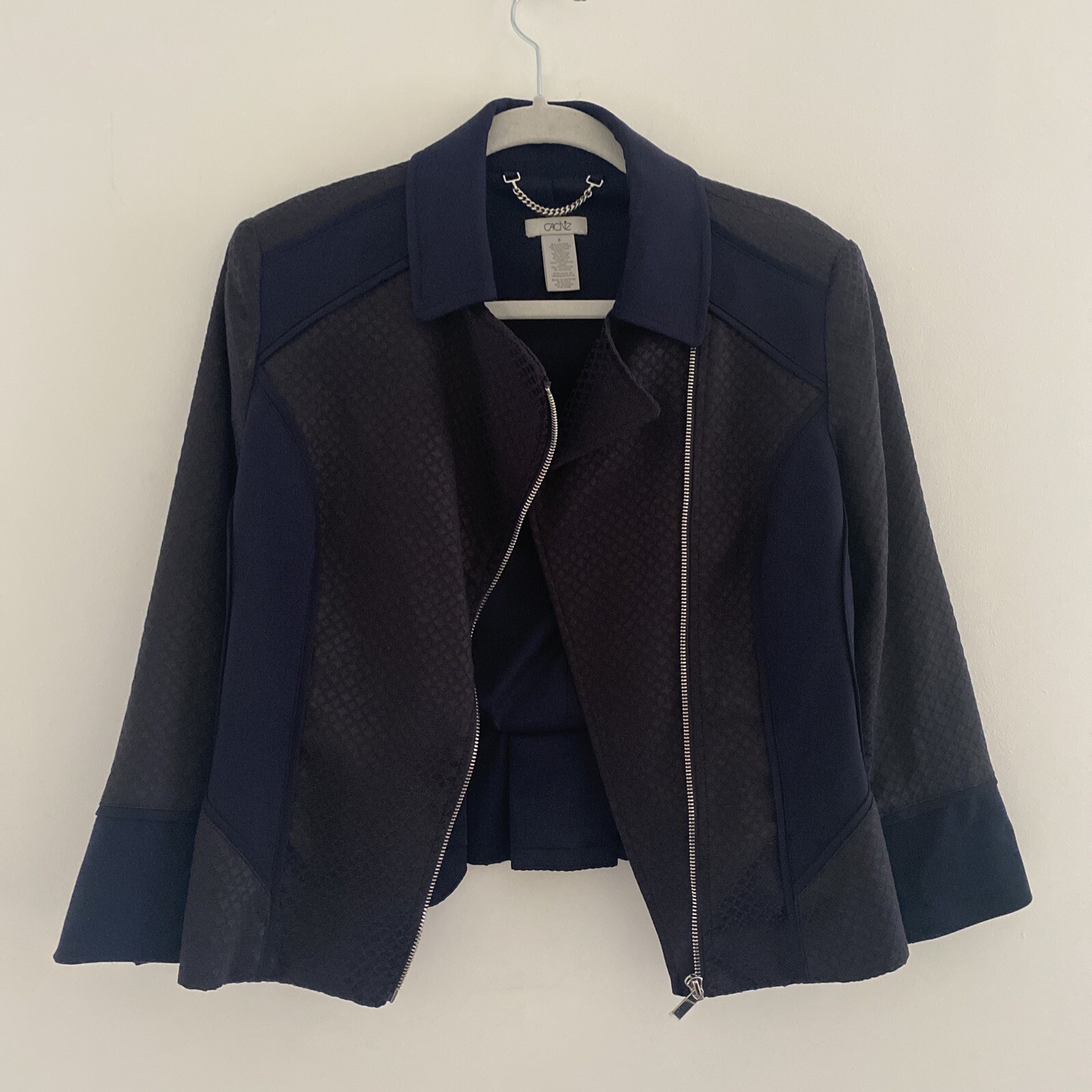 CACHE Ponte Trim Navy Jacquard Asymmetric Zip Lined Jacket Size 6 New ...