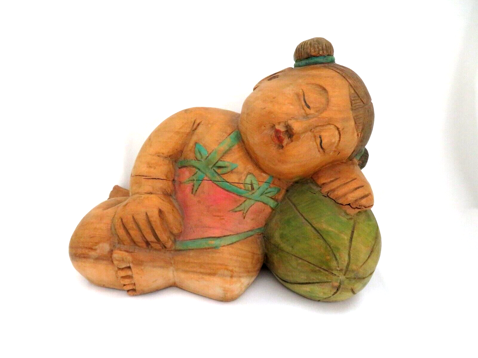 Chinese Carved Wood Good Luck Child Sleeping on a Watermelon Buddha | eBay