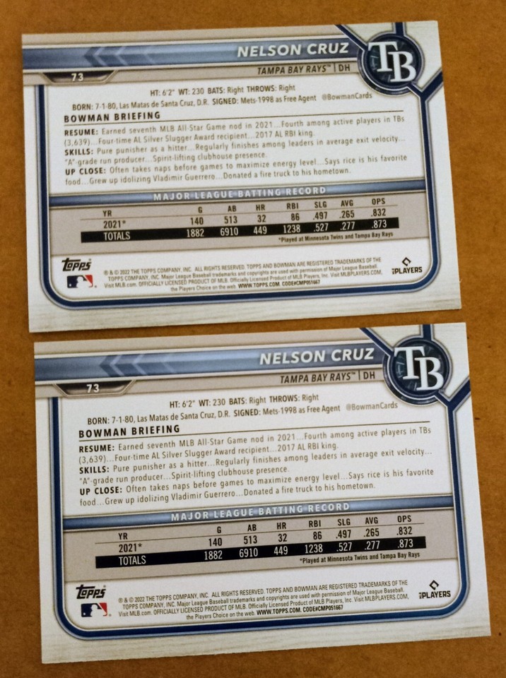2022 Bowman NELSON CRUZ Baseball Card #73. TAMPA BAY RAYS. 2 Card Lot ...