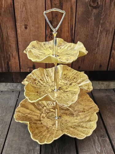 Vintage 3 Tier Tidbit Serving Tray Plate Stand Yellow & Gold MCM Made ...