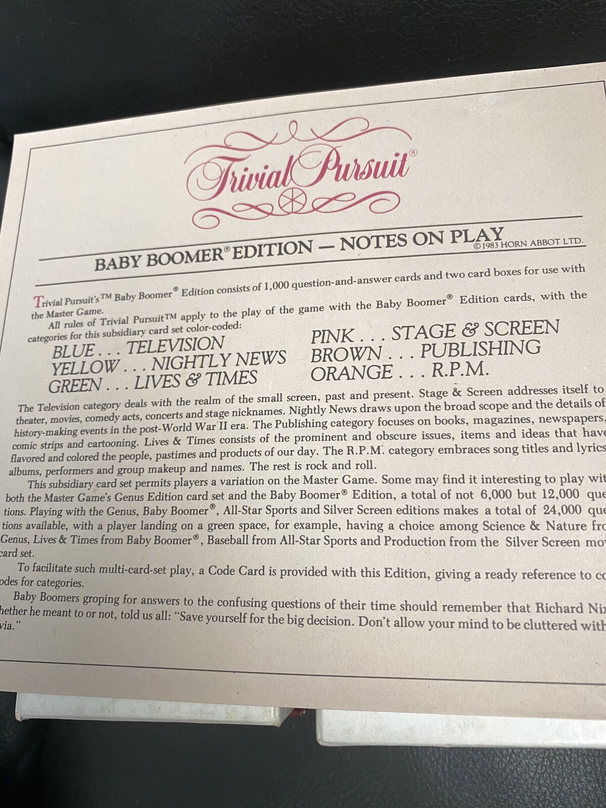 Trivial Pursuit Baby Boomer Edition Subsidiary Card Set | eBay