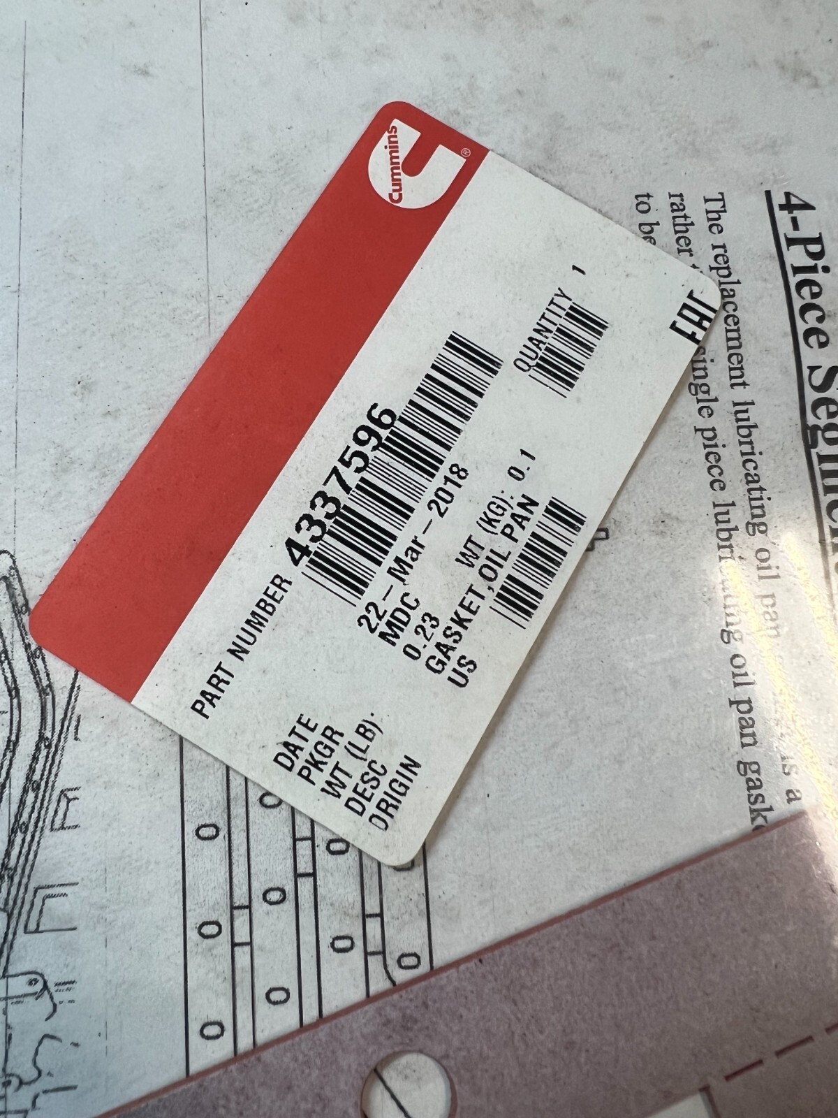 Genuine Cummins 4337596 Gasket Oil Pan for sale online | eBay