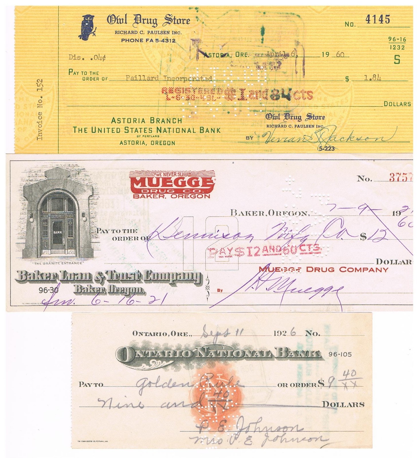 WEST COAST CHECKS LOT - 10 Different Bank Checks From 1909 To 1965 Some ...