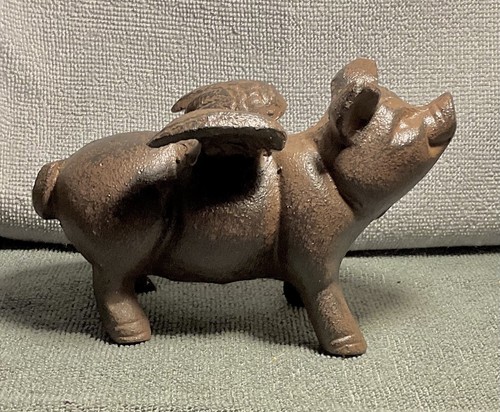 Rustic 7” Cast Iron Flying Pig Statue with Wings - Garden & Desk Decor ...